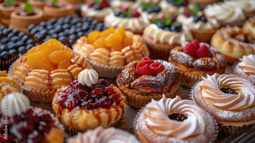Assortment of Danish pastries in a bakery display, side view, Elegant ...