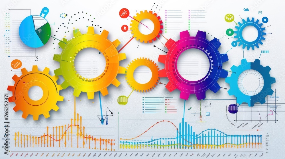 Digital group of multicolored five gears Infographic business chart ...