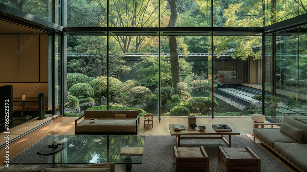Japanese glass house, a living room filled with traditional furniture ...