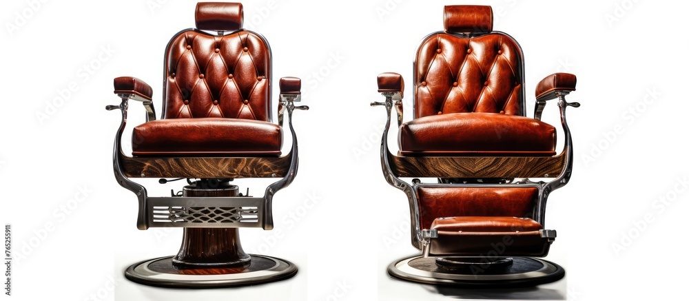 Furniture product featuring a pair of brown leather barber chairs with ...