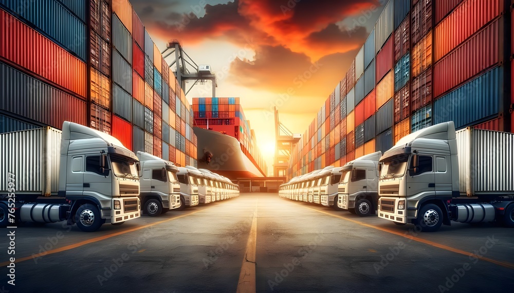 A symmetrical view of modern semi-trucks lined up between towering ...