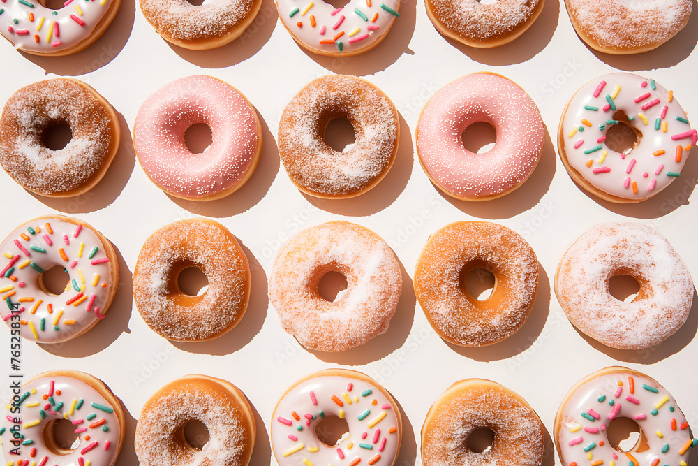 Overhead Shot Of Donuts Scattered On A Table Bakery Background, Bakery ...