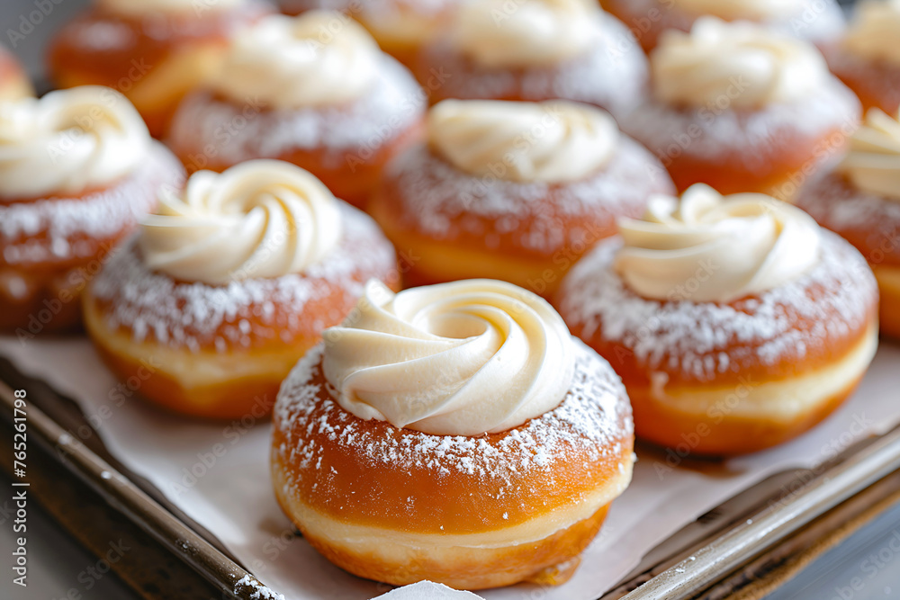 Close-Up Freshly Made Cream-filled Donuts Displayed On A Trays In ...