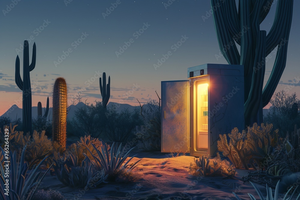 A whimsical illustration of a magical refrigerator hidden among cacti ...