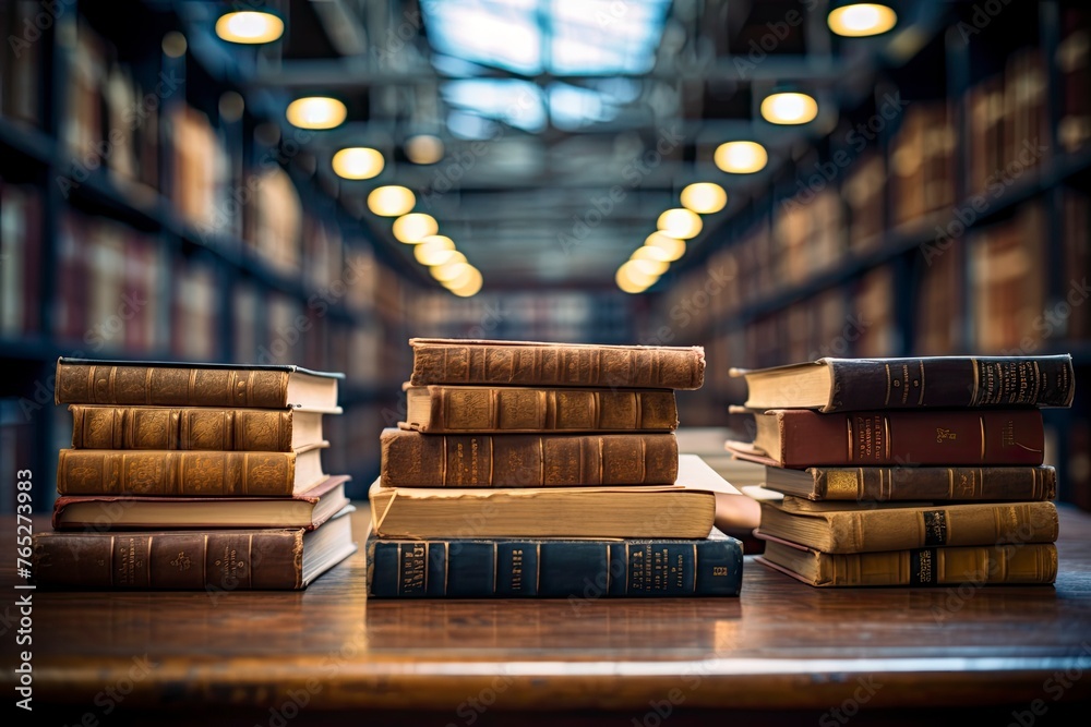 Old book in library with open textbook, stack piles of literature text ...