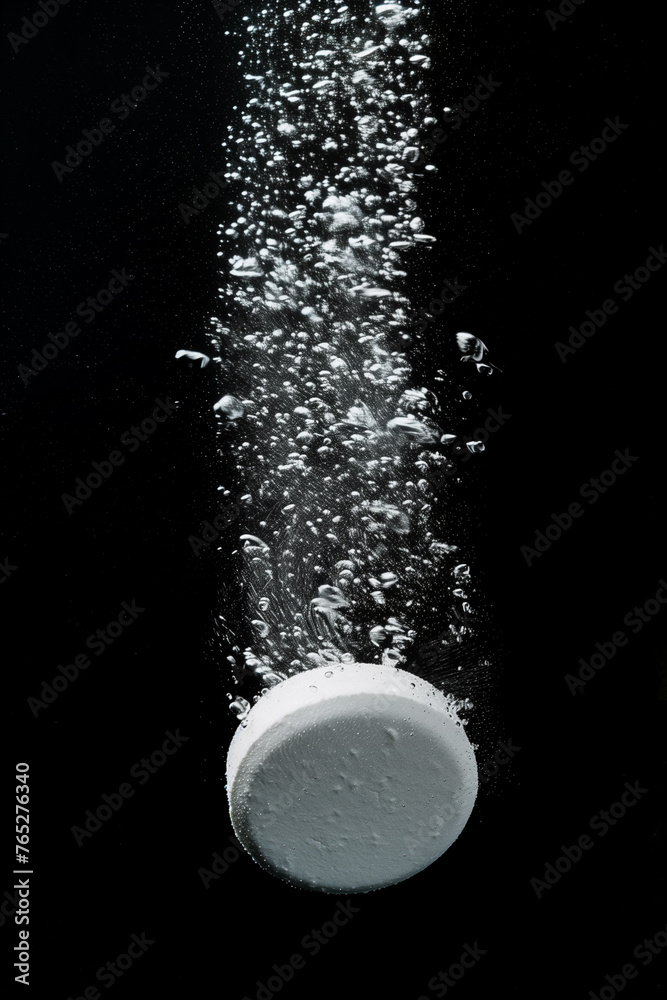 Effervescent tablet pill in fizzy bubbles water, realistic transparent ...