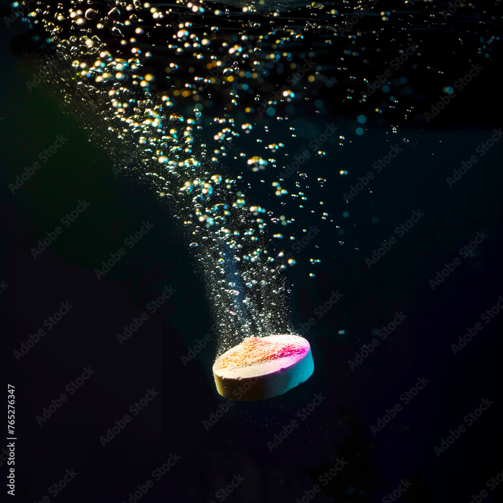 Effervescent pill with fizzy bubbles in water, soluble tablet falling ...