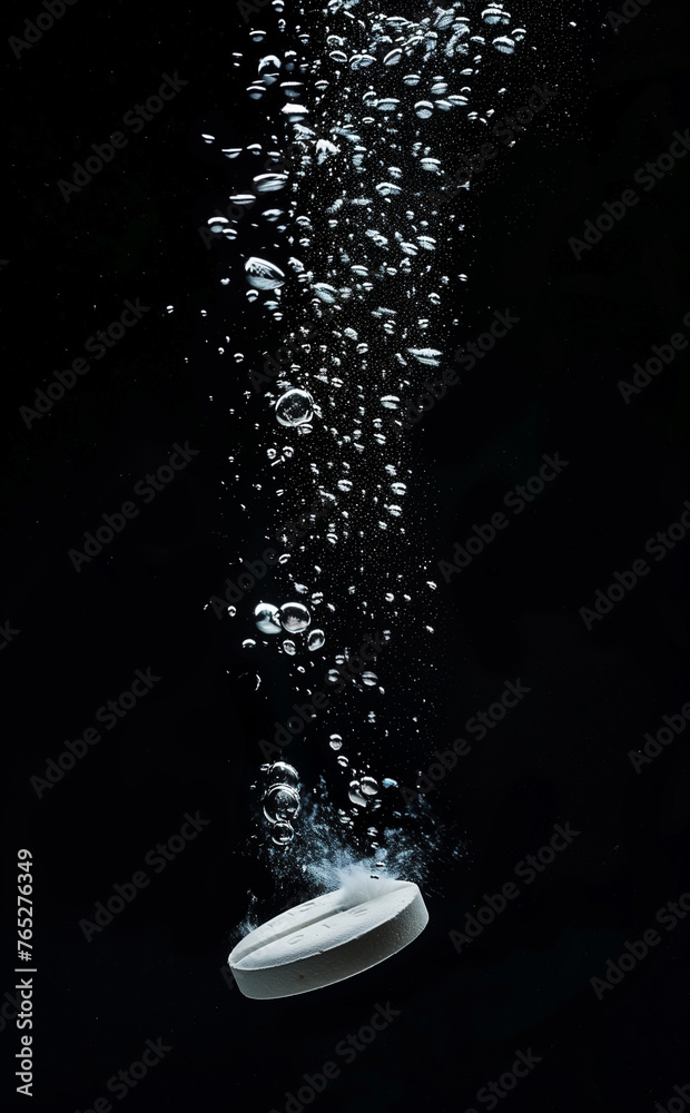 Realistic effervescent pill with fizzy bubbles in water. Soluble tablet ...