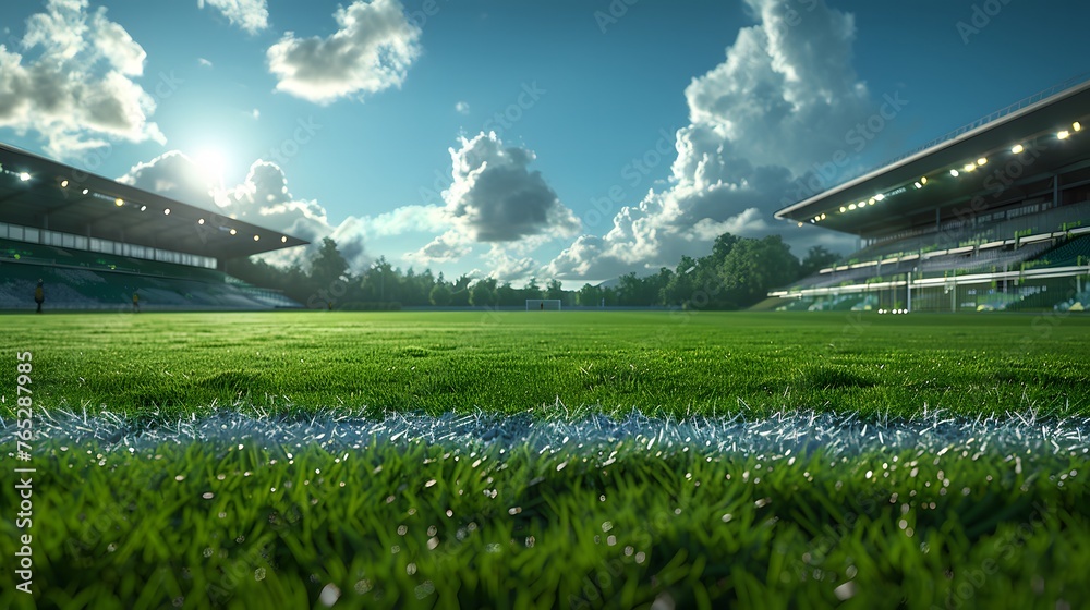 a sleek soccer field, where the freshly cut grass meets the perfectly ...