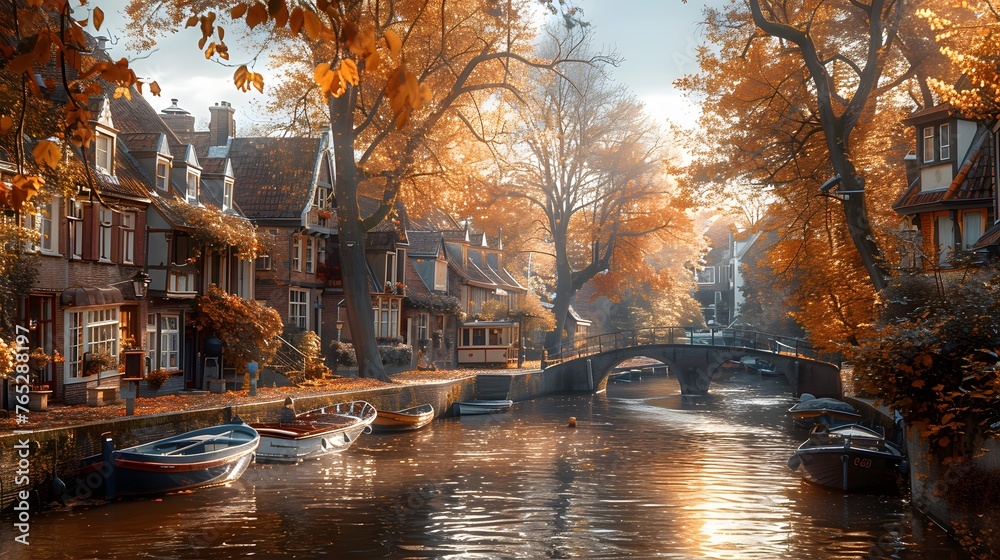 a winding canal winding through a quaint European village, with ...