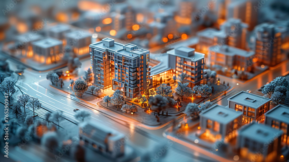 Miniature city model glowing at dusk, highlighting urban planning and ...
