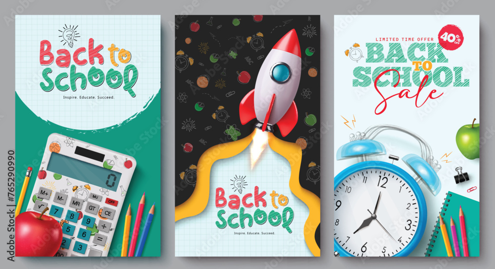 Back to school text vector poster set. Back to school greeting and sale ...