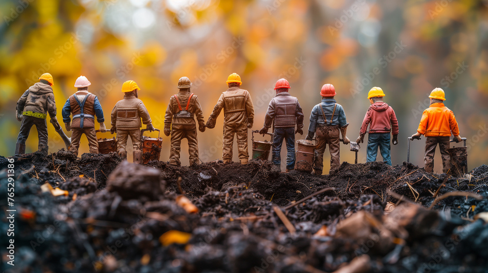 A group of toy people of various professions standing on top of a pile ...