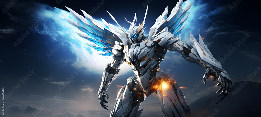 photograph of a Transformers robot white dragon adorned in celestial ...