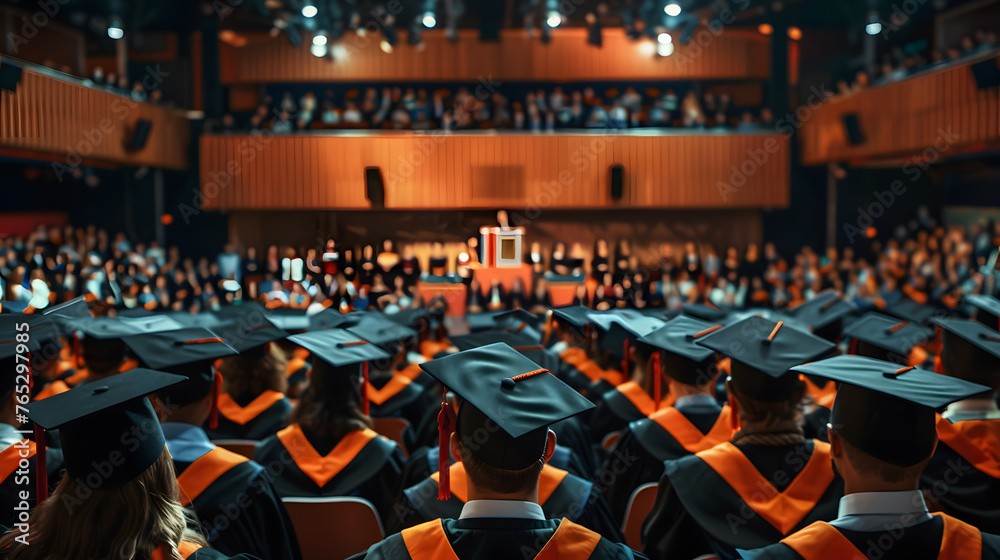 A wide shot of a graduation ceremony, with details of the graduates ...
