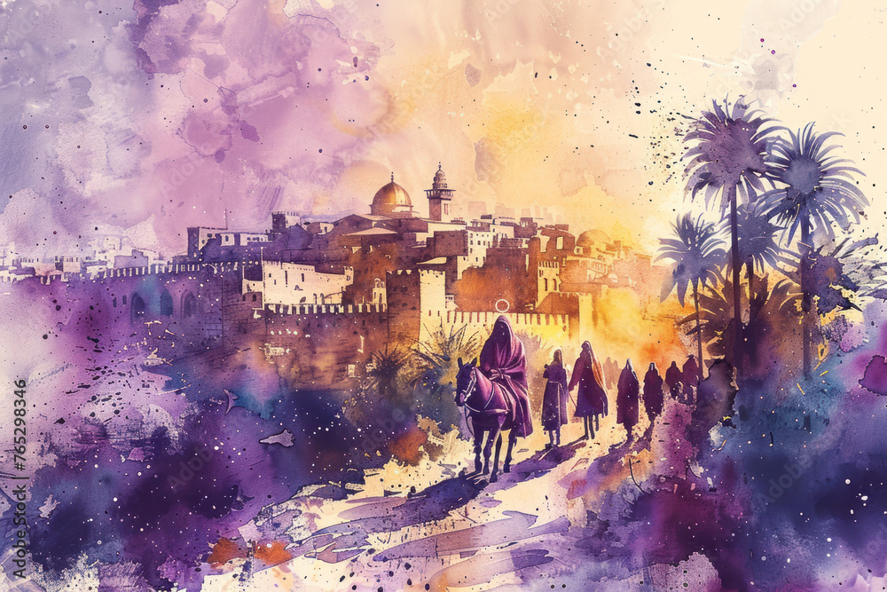 Purple watercolor of Jesus riding a donkey to Jerusalem, palm sunday Stock Illustration | Adobe ...