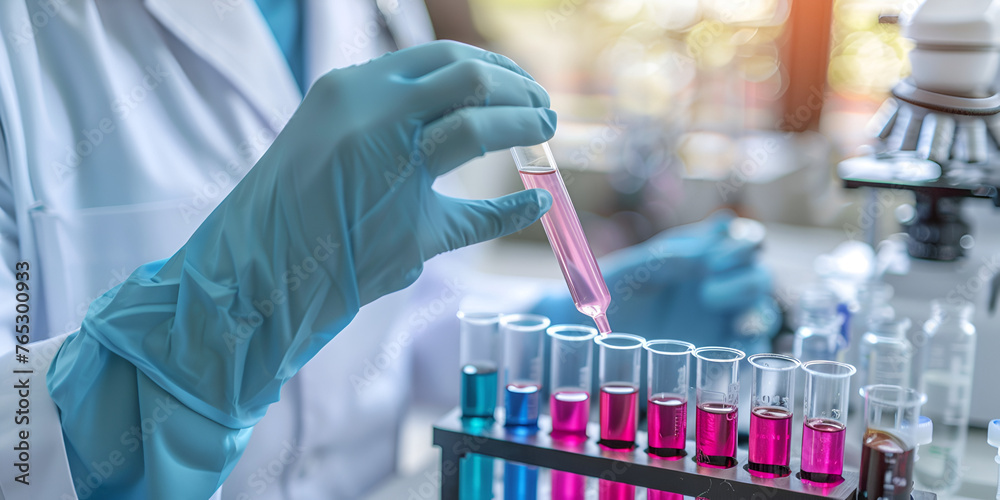 Lab technician carries chemical testing reagents in flasks at desk ...