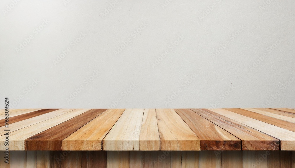 wood table and white wall background in kitchen wooden shelf counter ...