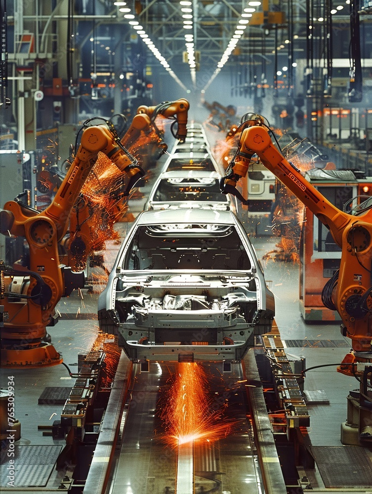 A car production line with robotic arms, including the upper and lower ...