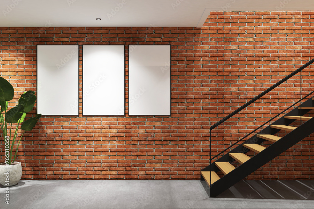 3d rendering interior of stairway entrance with plant and frame mock up ...