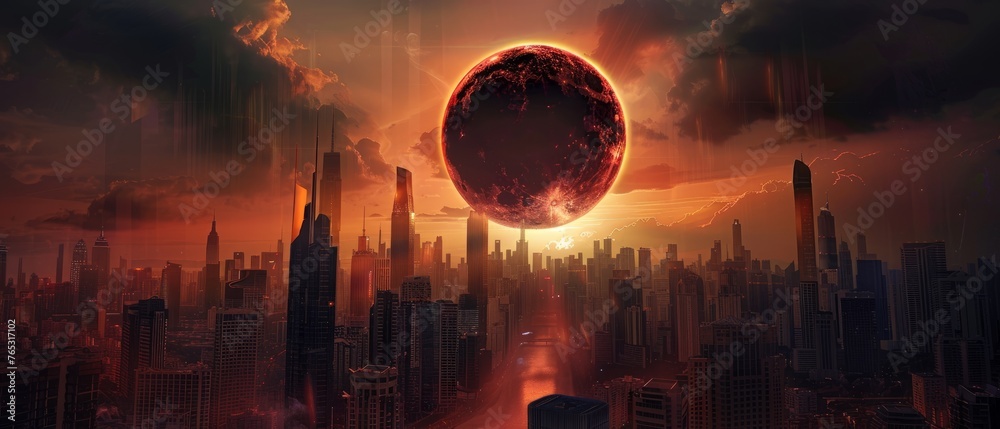 Solar eclipse over a city skyline, metaphor for the overshadowing ...