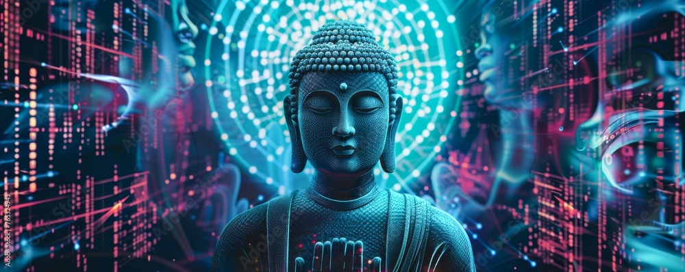 Zen Buddha statues line the streets of a cyberpunk city their calm an ...