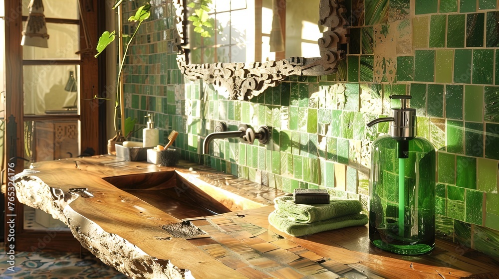 Sunlit eco-friendly bathroom with rustic wooden vanity and vibrant ...