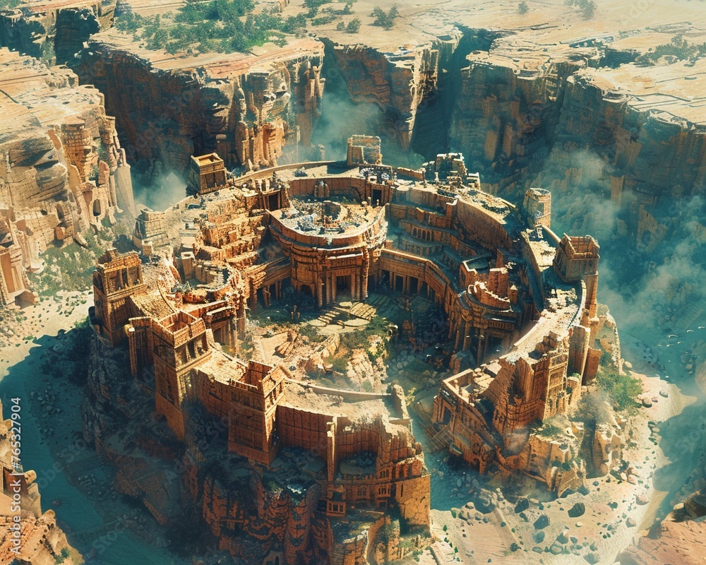 Illustrate an aerial perspective of a team of explorers unearthing a ...