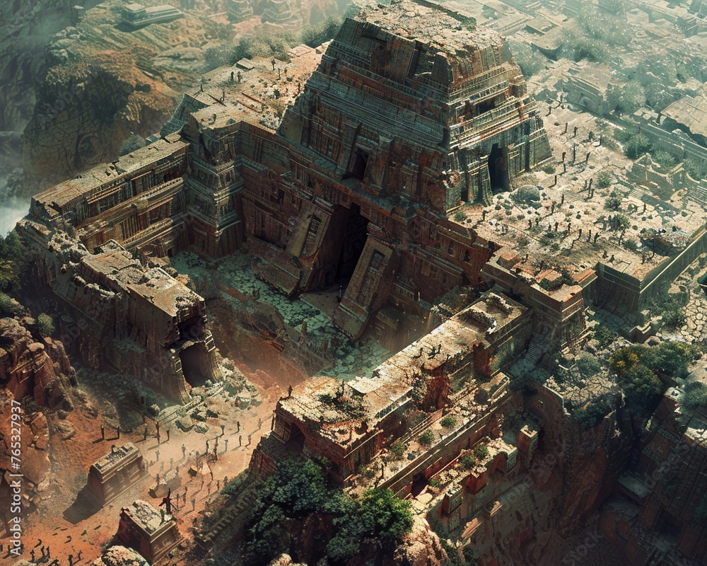 Illustrate an aerial perspective of a team of explorers unearthing a ...