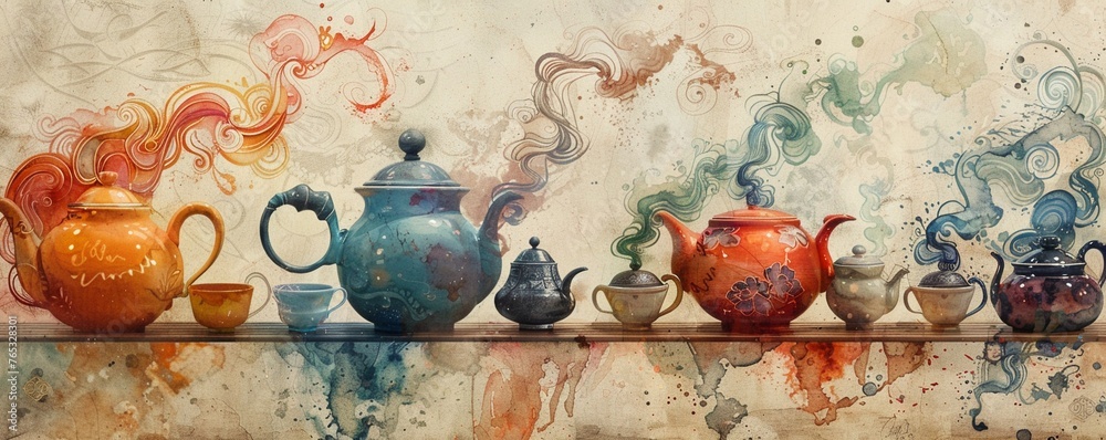 Craft an image featuring a variety of teapots, each uniquely designed ...