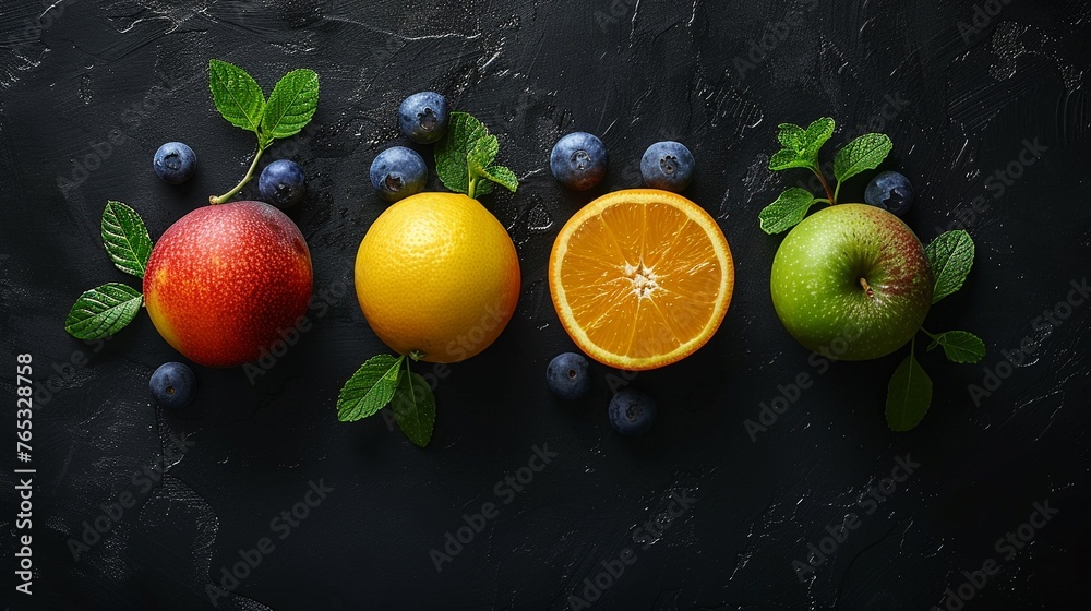 Craft an eye-catching graphic presenting a rear view of four fruits ...