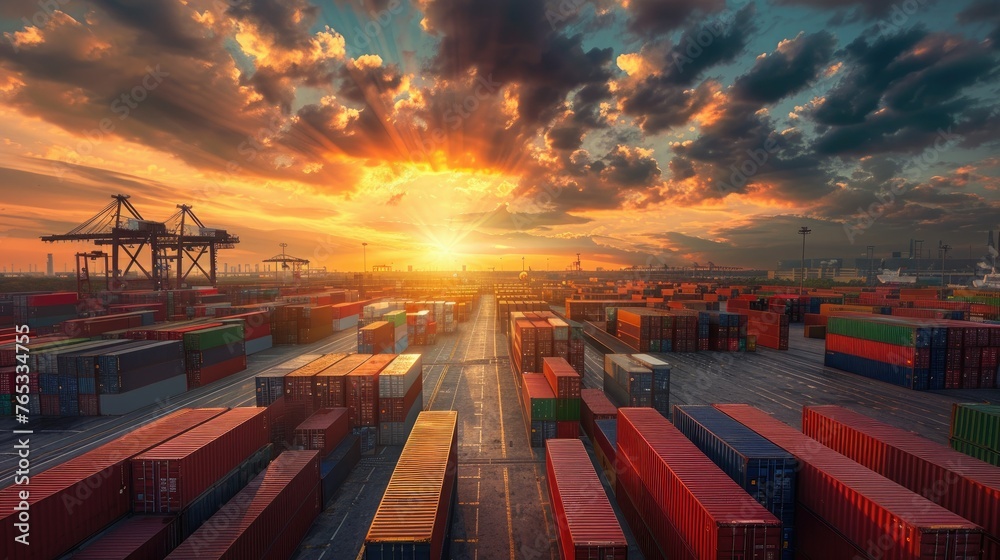 Dramatic Sunset Over Industrial Shipping Container Yard, Global Trade ...