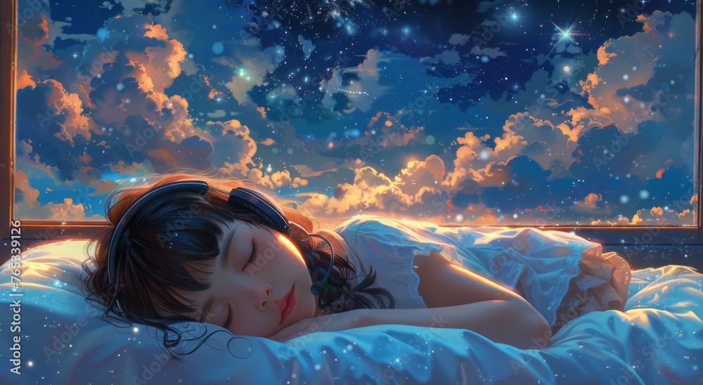 Girl sleeping peacefully under starlit sky - A heartwarming depiction ...