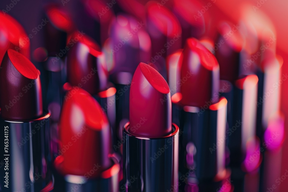 Red lipsticks of various shades arranged together on a reflective ...