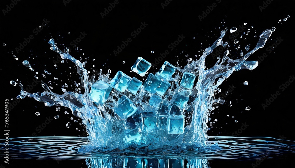 water splash isolated on black background falling ice cubes and ...