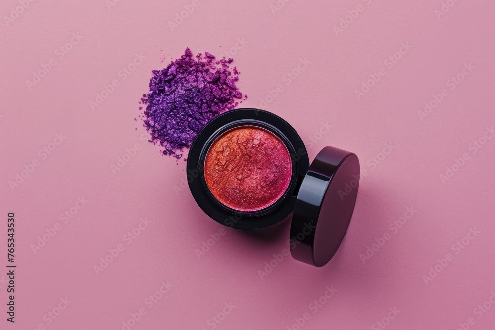 Open Round Makeup Powder Case with Bright Pink Powder Spilled on Pink ...