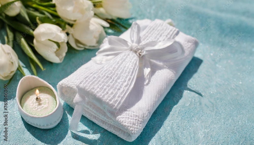 christening background with baptism baby dress shoes and cross on ...