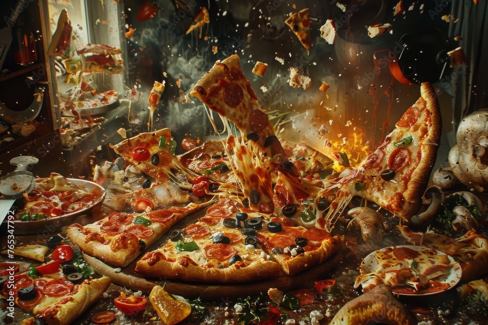 Dynamic pizza explosion scene with toppings - A creatively captured ...