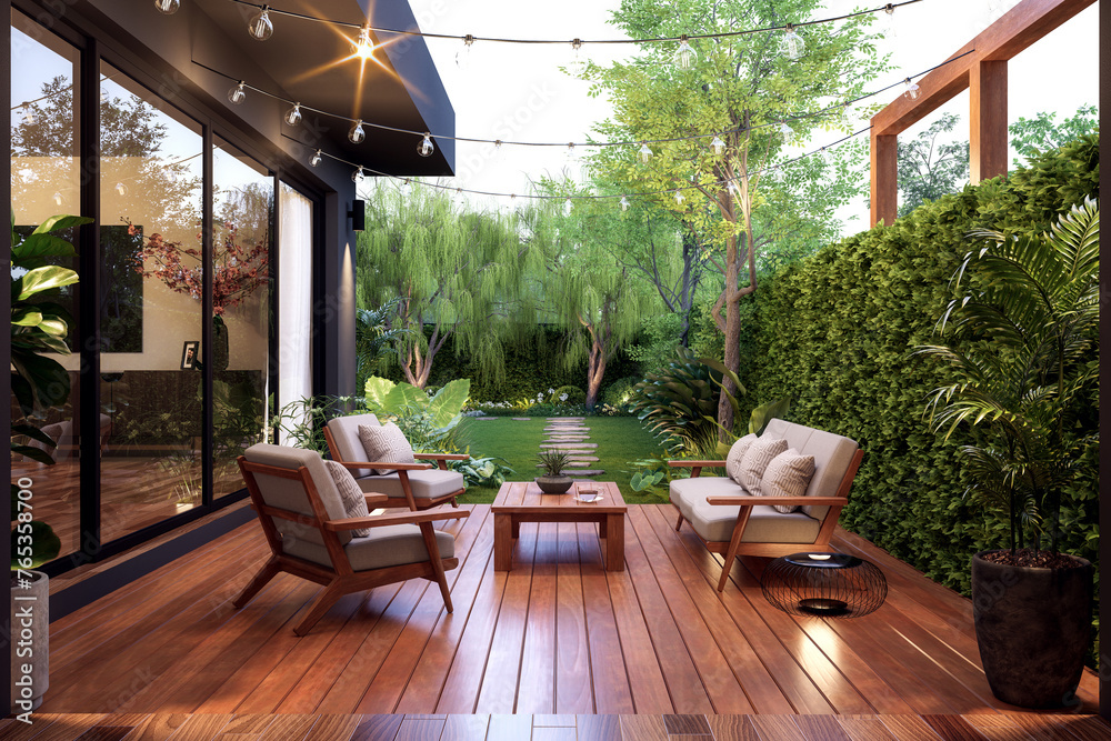 Modern contemporary style small wooden terrace with garden view 3d ...