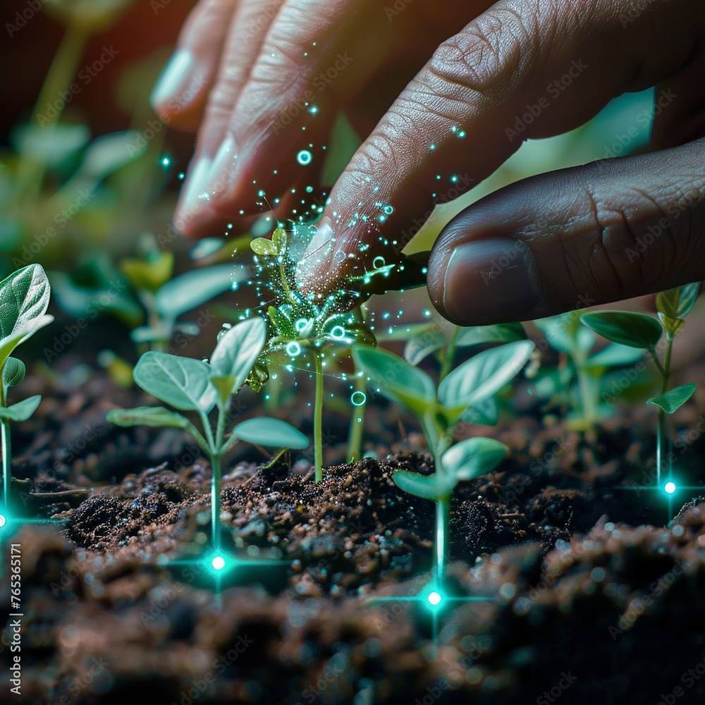 A hand-touching small plant planting with holographic soil environmental science with new future ...