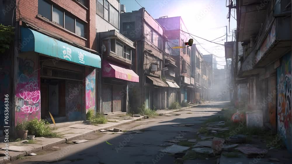Video footage of a bustling street in a slum area, where building walls ...