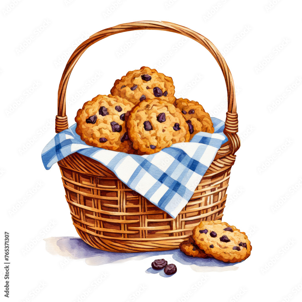 Oatmeal raisin cookies in a rustic woven basket watercolor painting ...