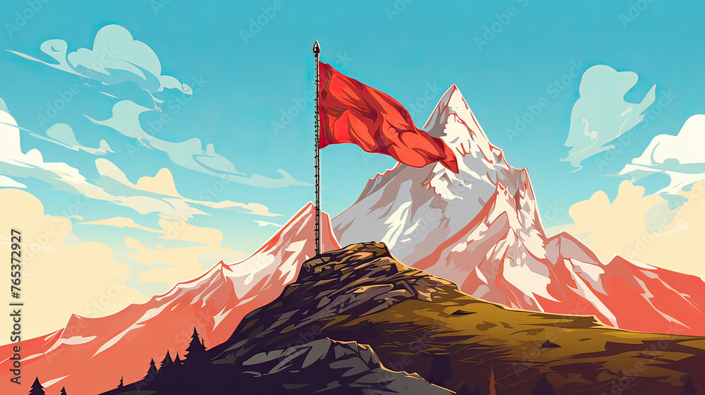 A backdrop illustrating a mountain summit with a flag planted by a ...