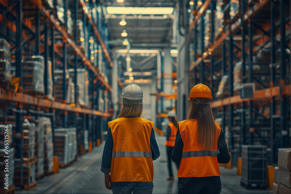 Warehouse inspection, Two women wearing orange vests walk through a ...