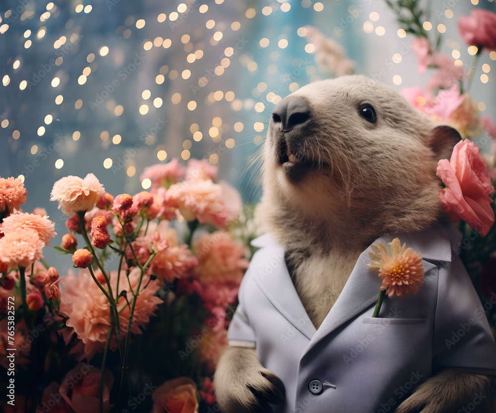 Creative animal concept. Wombat in smart suit, surrounded in a surreal ...