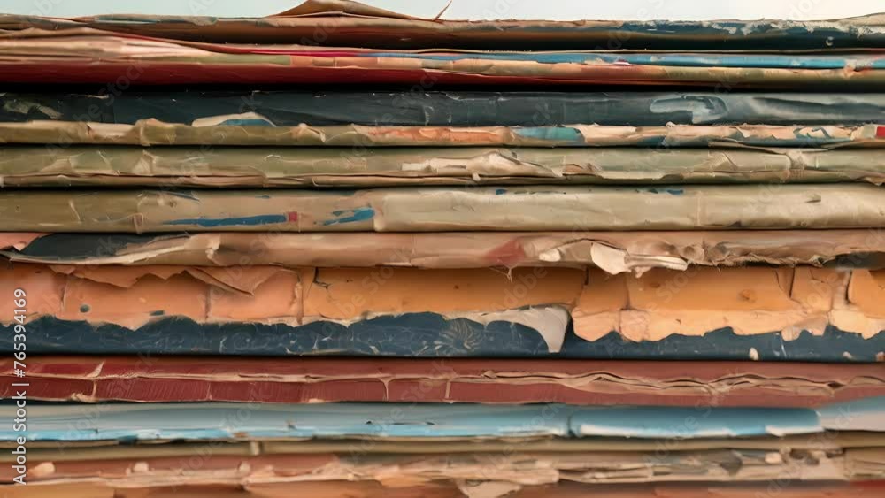 Macro shot of a stack of old and worn textbooks representing the ...