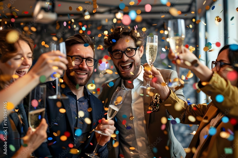 Business professionals celebrating at an office party for a special ...