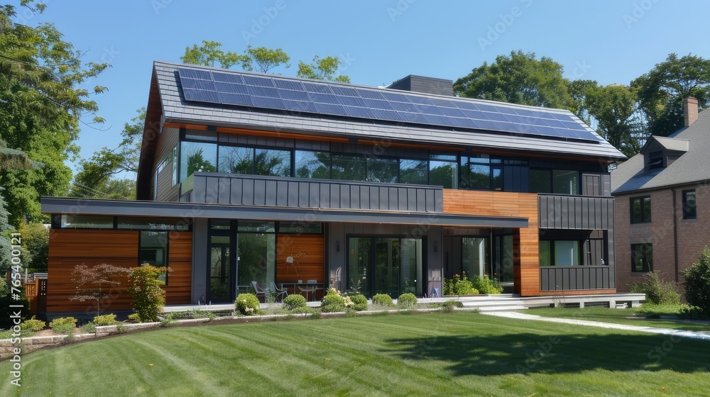 This modern passive house is complemented by a landscaped yard, with ...