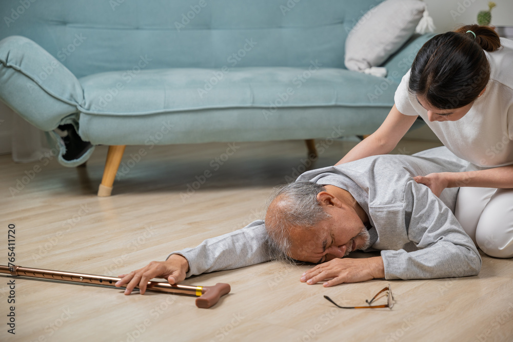 Dizziness elderly old man falling down lying on floor with walking ...