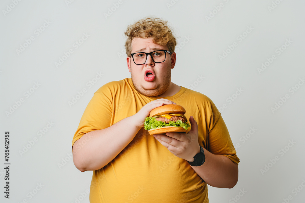 Very fat man with blonde curly hair, A scene where he is holding a ...